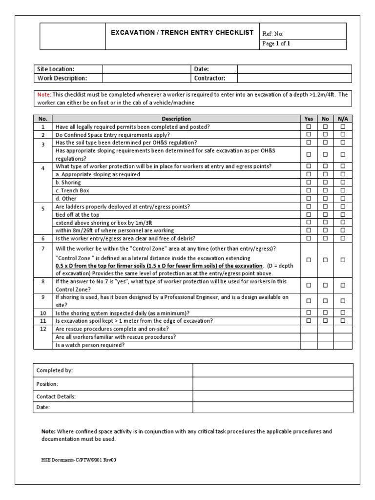 Excavation-Entry Checklis | PDF