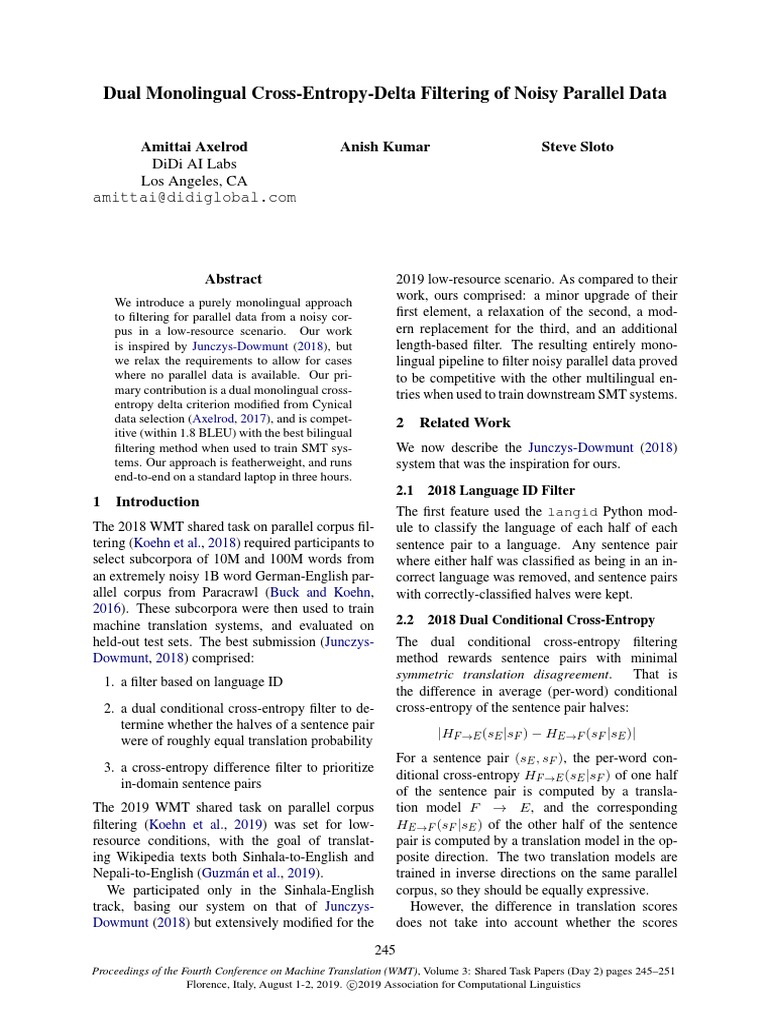 Dual Monolingual Cross-Entropy-Delta Filtering of Noisy Parallel Data | PDF | Linguistics ...