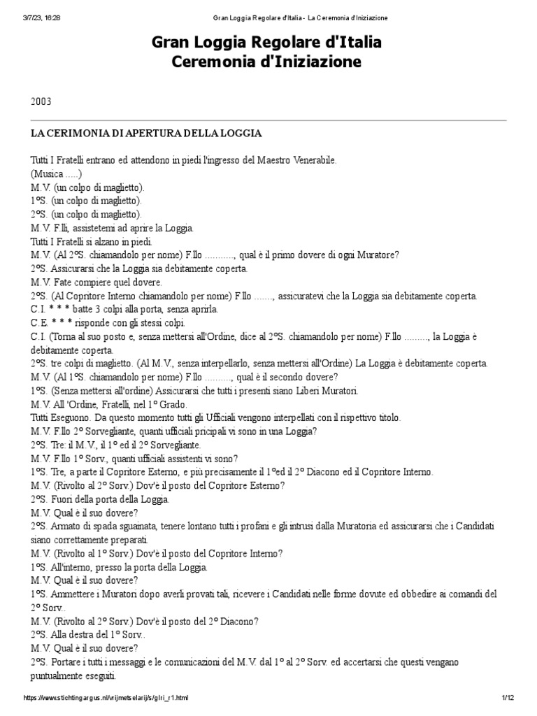 Gran Loggia Regolare D_Italia - La Ceremonia D_Iniziazione | PDF