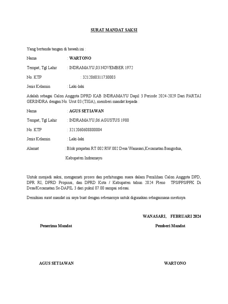 Contoh Surat Mandat Saksi Pemilu Legislatif | PDF