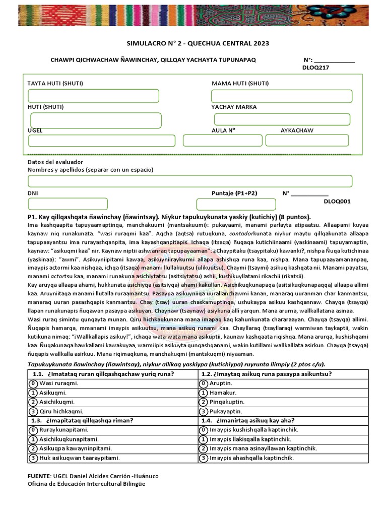 EVALUACION QUECHUA CENTRAL - Simulacro 2 - 2023 | PDF