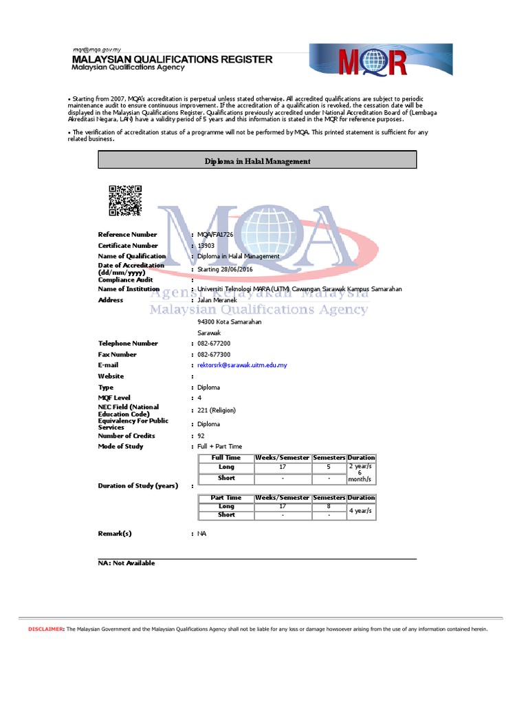 MQA - Diploma in Halal Management | PDF