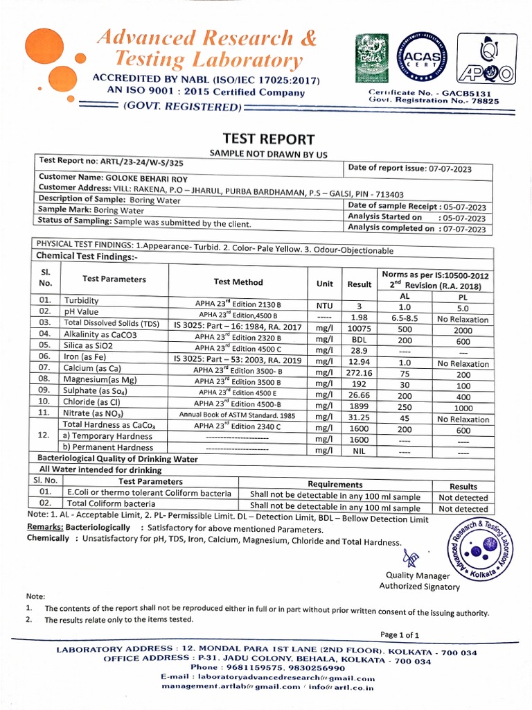 Water Analysis Report | PDF