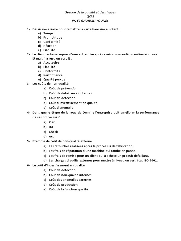 QCM sur la gestion de la qualité | PDF | Management de la qualité ...