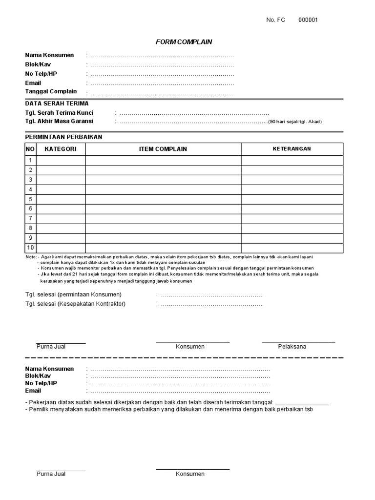 Form Complain Rumah | PDF