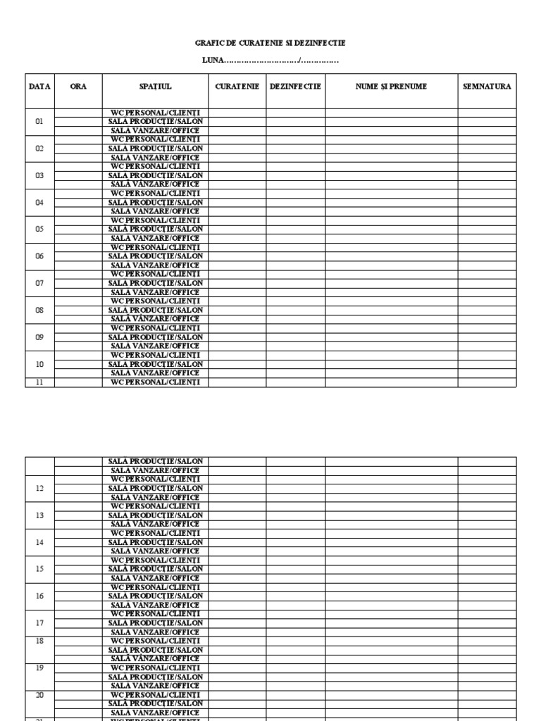 Grafic de Curatenie Si Dezinfectie | PDF