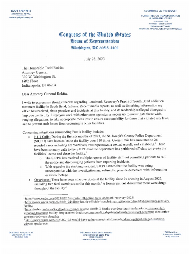 Landmark Recovery Letter Rokita | PDF