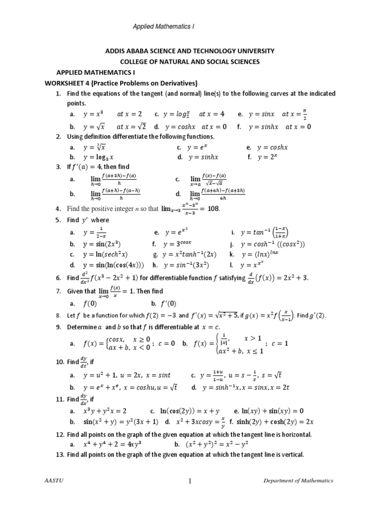 Worksheet 4.... Derivatives | PDF
