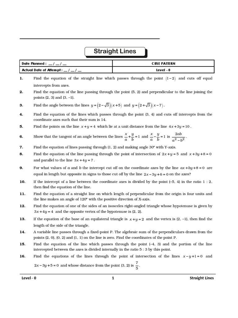 Straight Line Question Bank | PDF