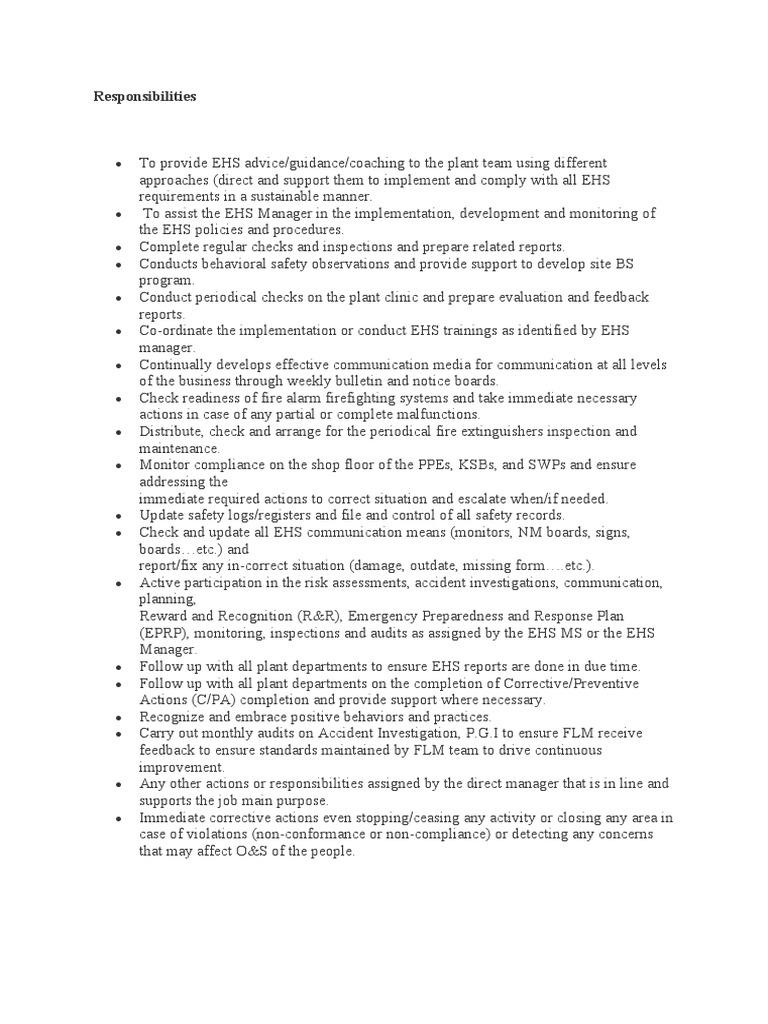 EHS Supervisor Responsibilities | PDF