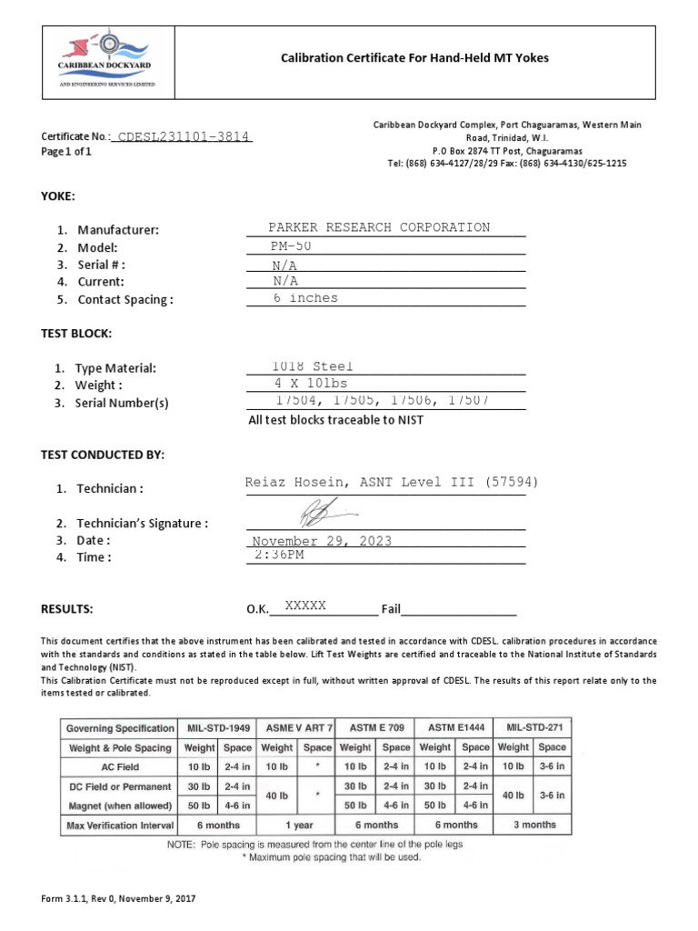 CDESL 3.1.1 Yoke Calibration Cert-Nov 2023 | PDF | Calibration | Metrology