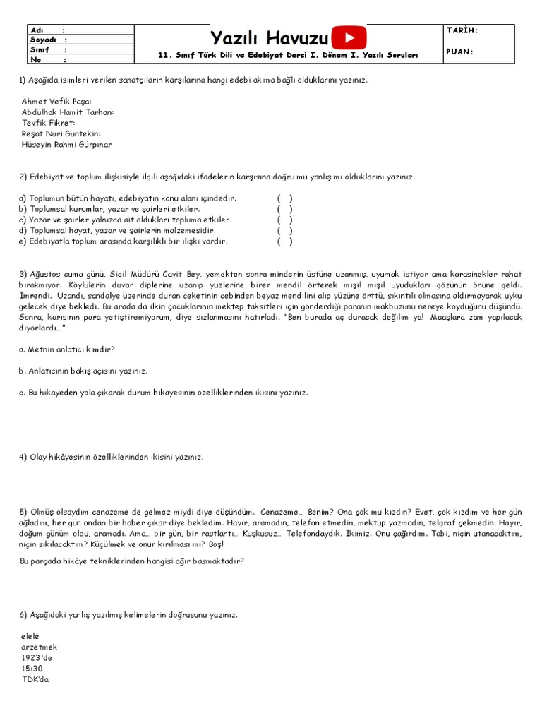 Sinif Tum Dersler Yazili Sorulari | PDF