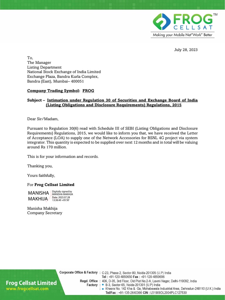 FROG 28072023140303 Intimation 30 | PDF | Finance & Money Management ...