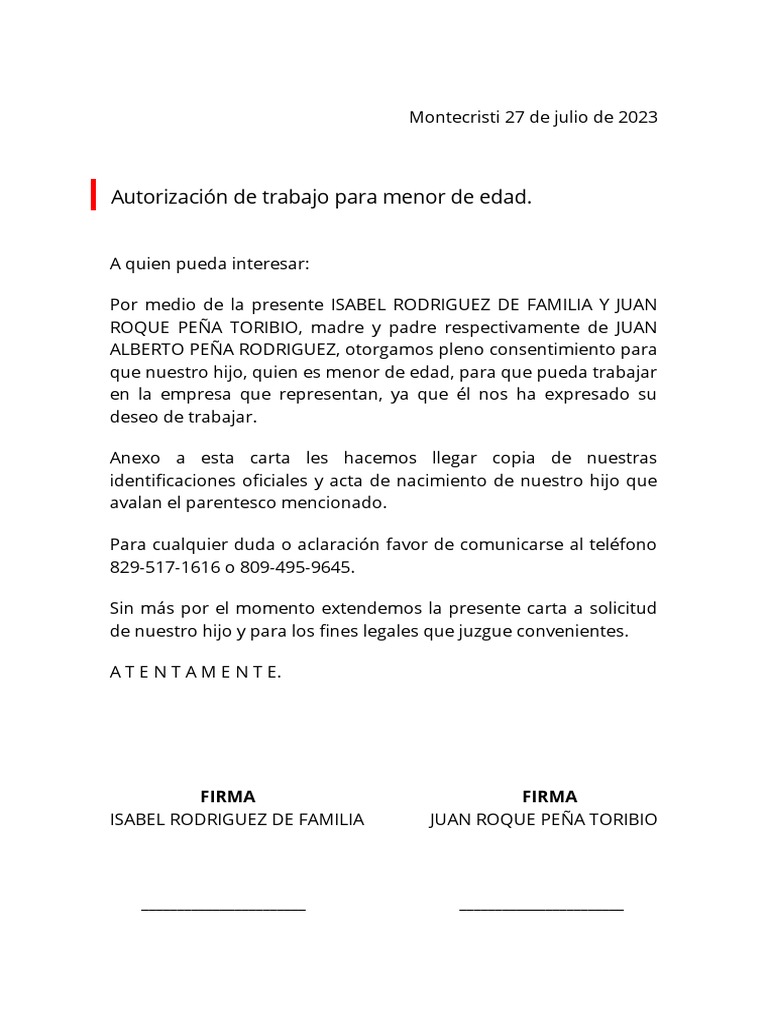 Autorizacion de Trabajo para Menor de Edad | PDF