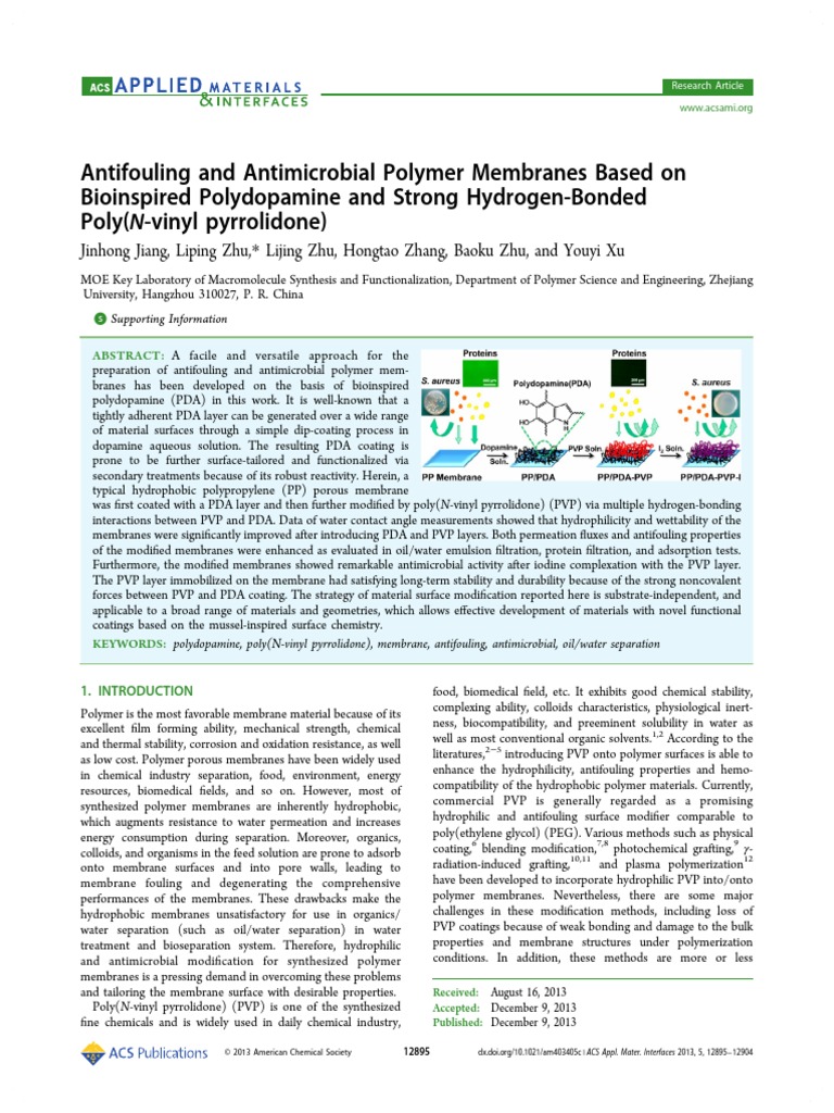Antifouling and Antimicrobial Polymer Membranes Based On Bioinspired Polydopamine and Strong ...