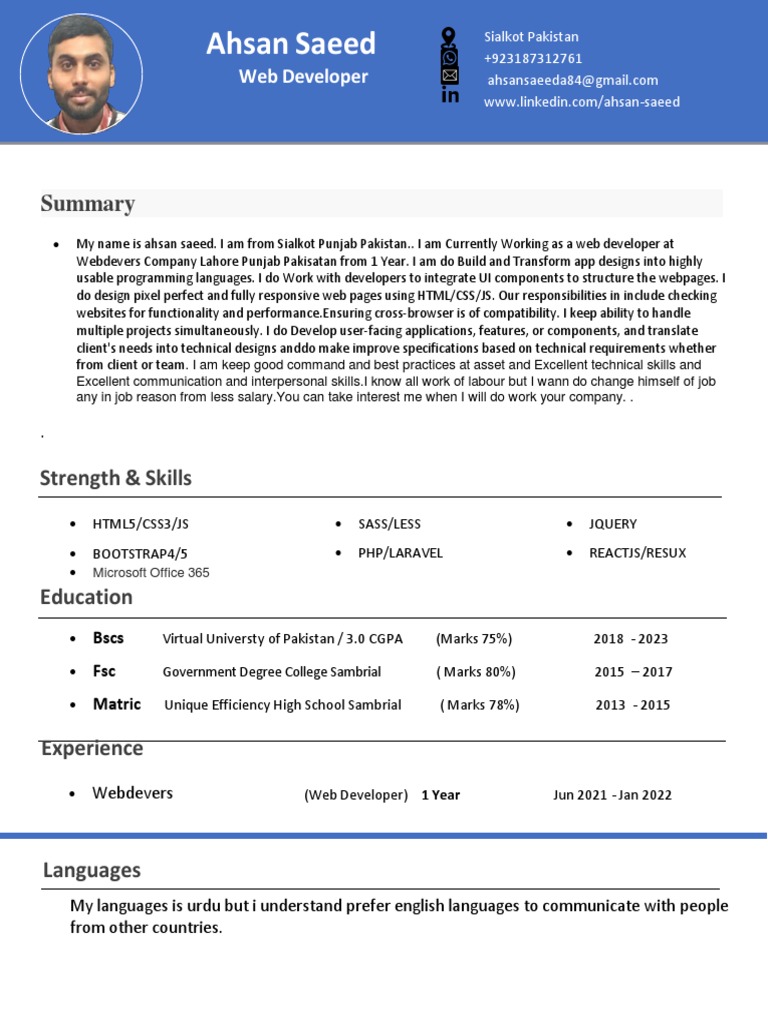 Web Developer Profile: Ahsan Saeed | PDF | Career & Growth | Computers
