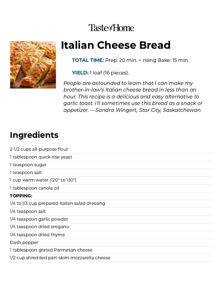 Quick Italian Cheese Bread Recipe | PDF | Cooking, Food & Wine
