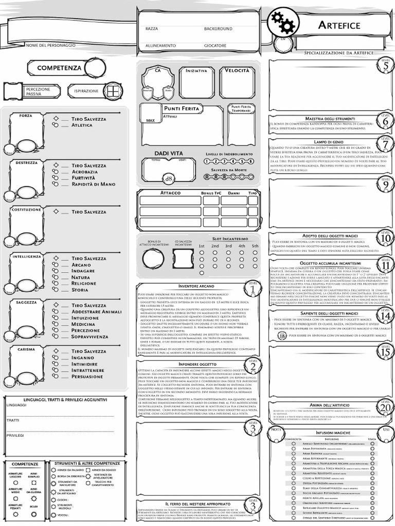 Scheda D&D Artefice 5e Editabile | PDF