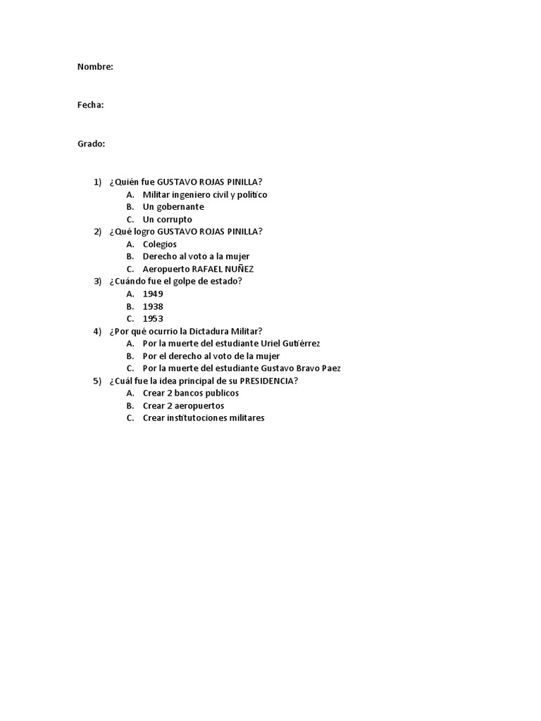 Exámen Gustavo Rojas Pinilla | PDF