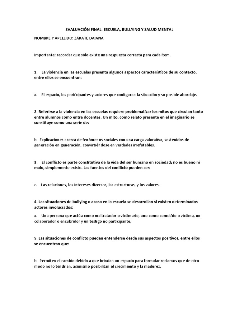 Evaluación Final Diplo Bullying | PDF | Violencia | Ira