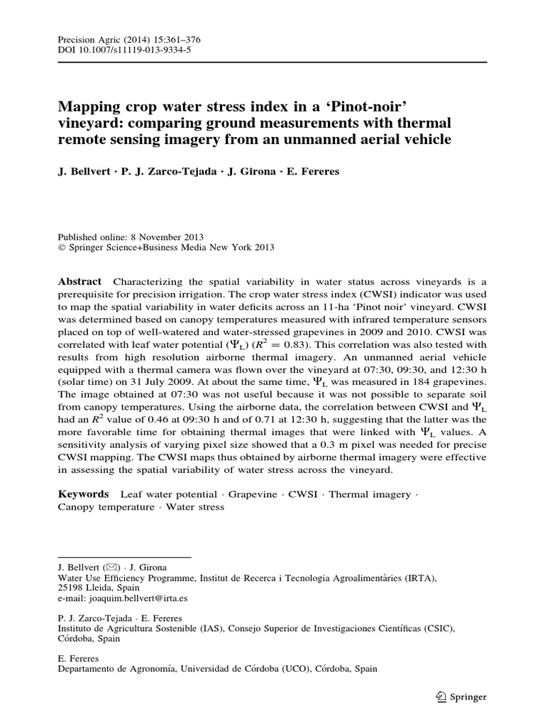 Mapping Crop Water Stress Index in A Pinot-Noir' Vineyard: Comparing ...