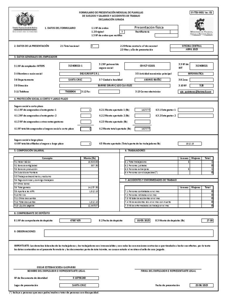 Declaracion Jurada Planilla Mensual Min. Trabajo | PDF Declaracion Jurada Planilla Mensual Min. Trabajo | PDF