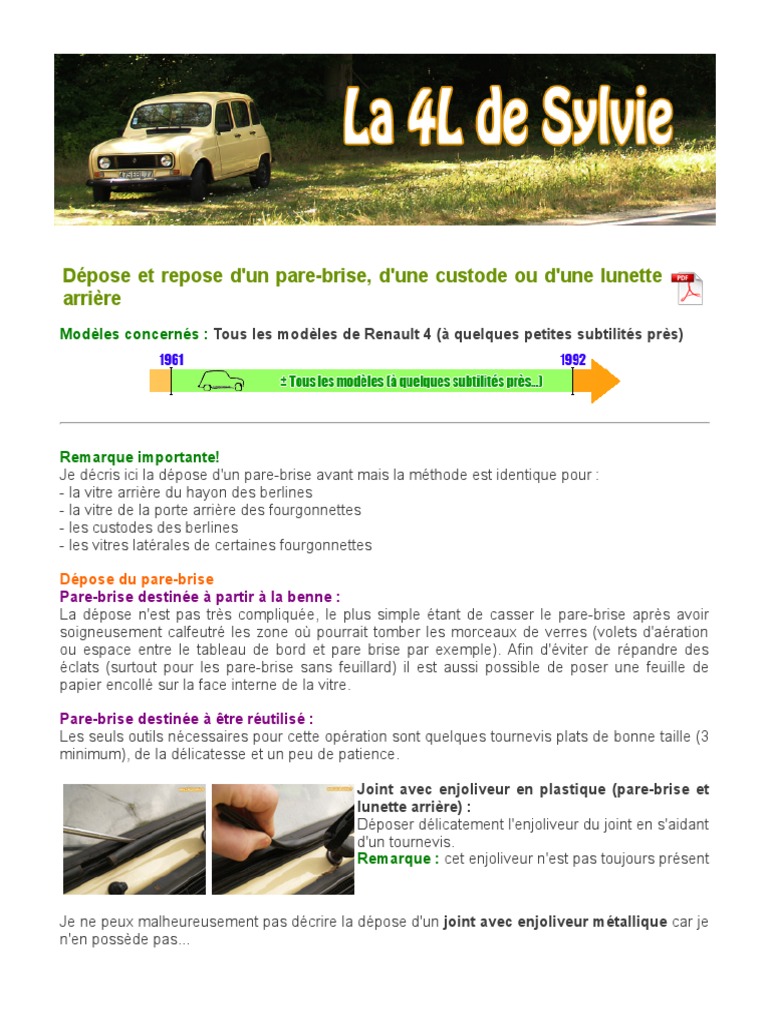 Depose Repose Pare Brise Custode Lunette Arriere 4l | PDF