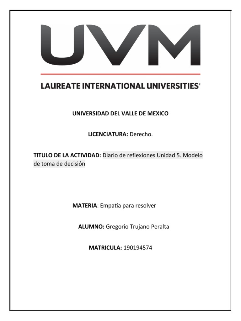 Diario de Reflexiones Unidad 5. Modelo de Toma de Decisión | PDF