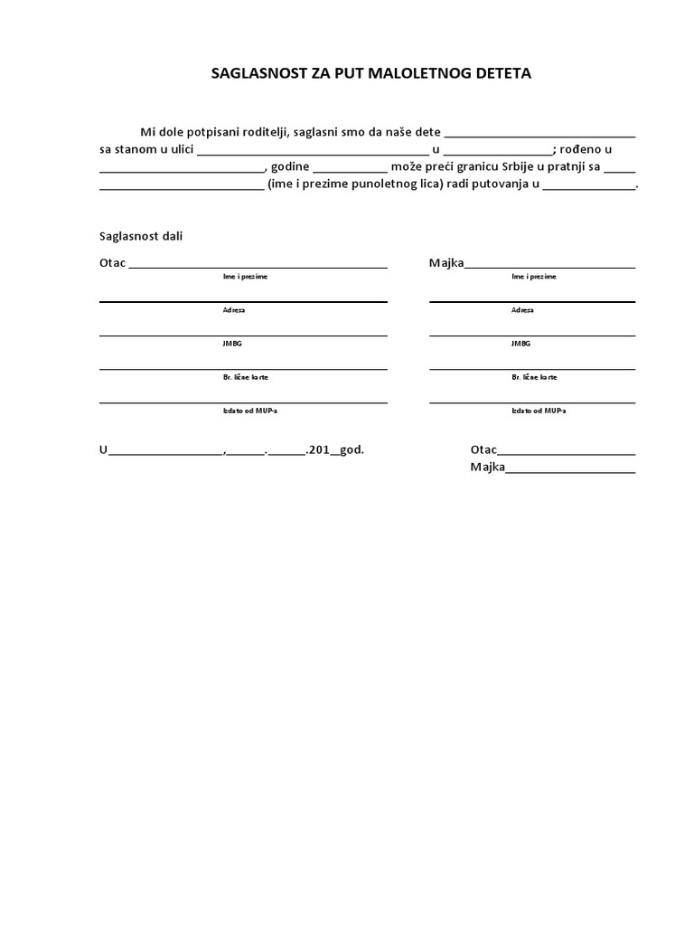 Saglasnost Za Put Maloletnog Deteta | PDF