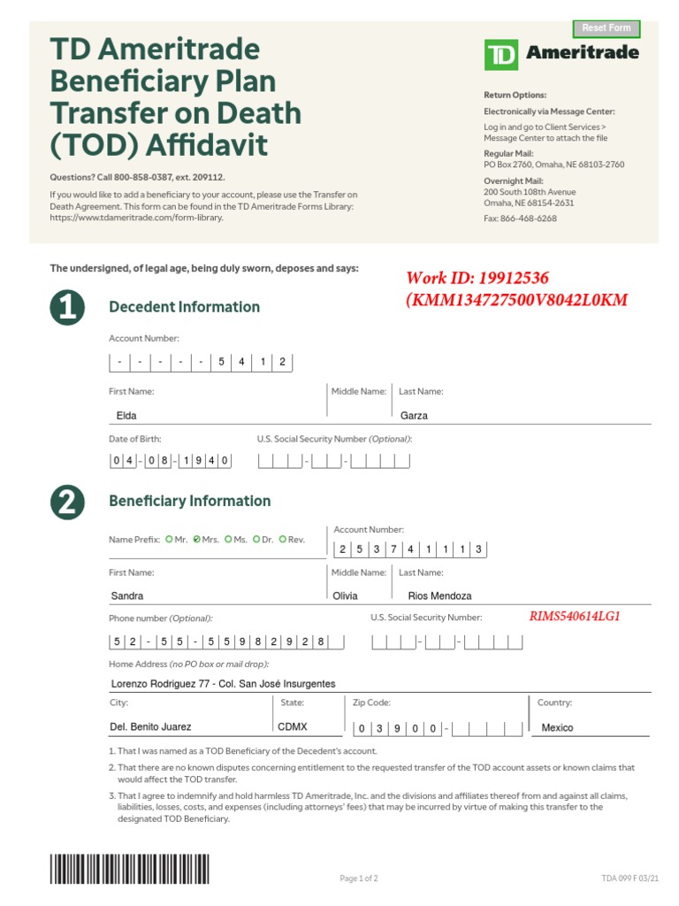 TDA 099 Beneficiary Plan Transfer on Death (TOD) Affidavit 0321 | PDF