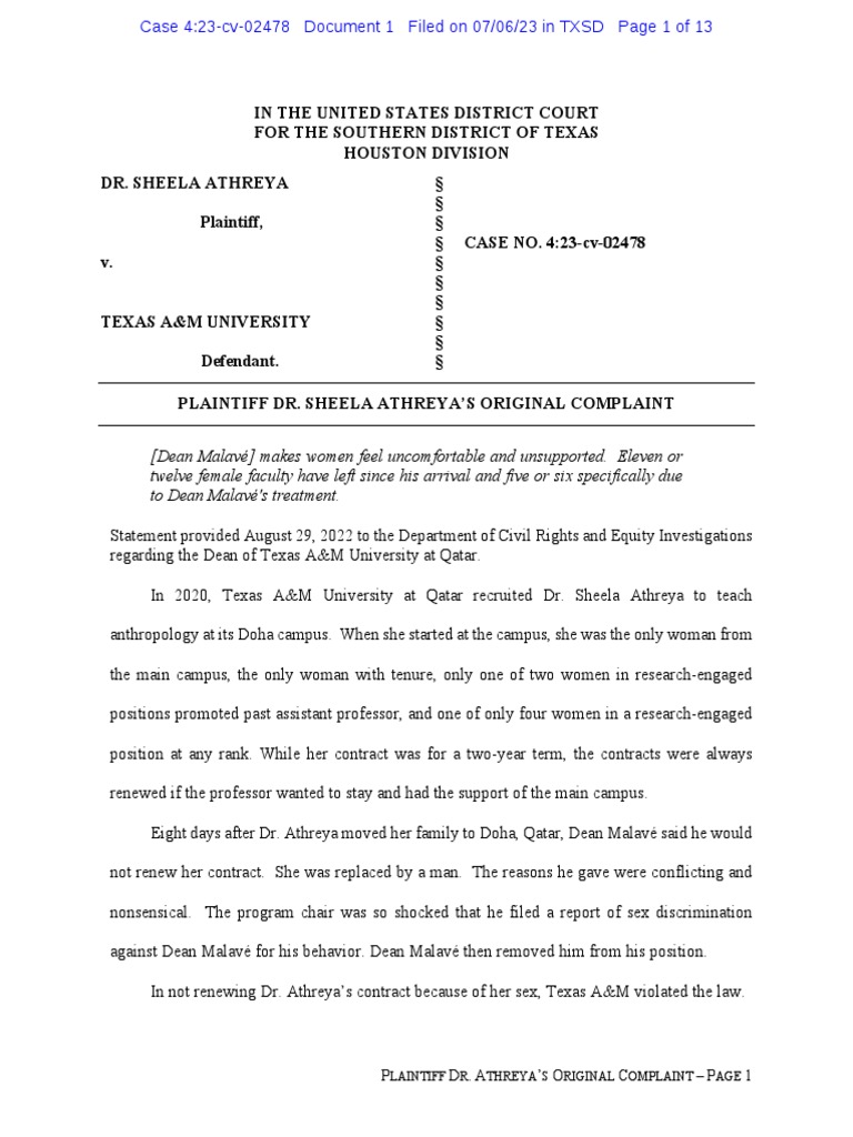 Dr. Sheela Athreya v. Texas A&M University, No. 4:23-cv-02478 | PDF