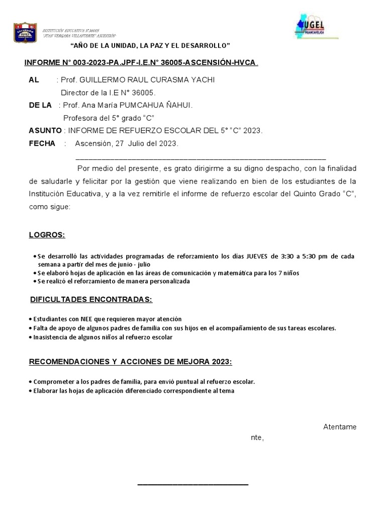 Informe de Refuerzo Escolar 2023 | PDF