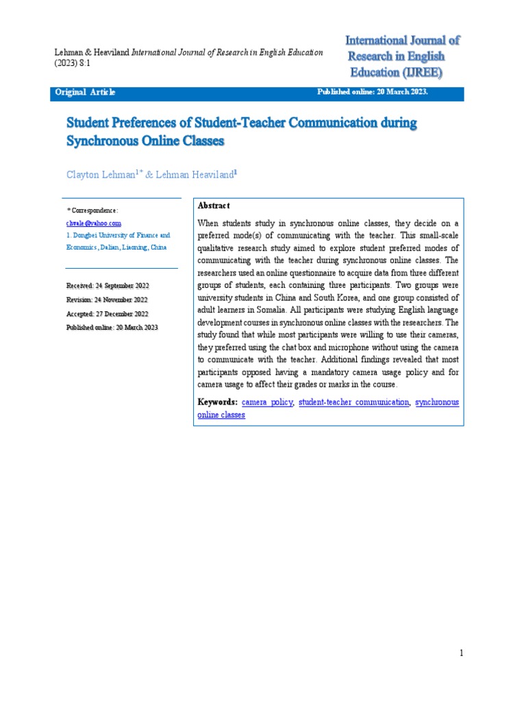 V8, N1 - 1 - Student Preferences of Student - Teacher Communication ...