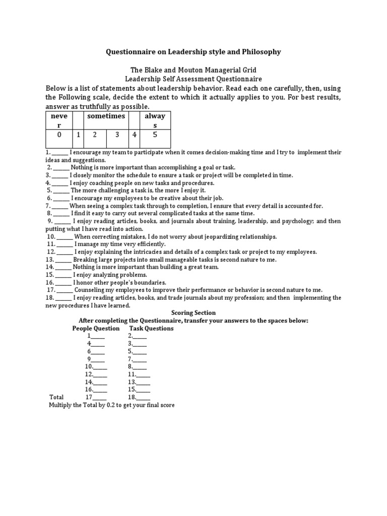Leadership Style Assessment Questionnaire | PDF | Business | Self ...