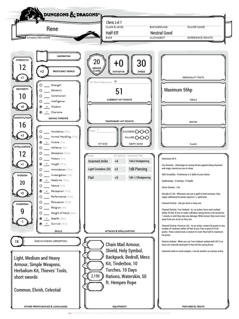 Rene Character Sheet | PDF | Role Playing Games | Dungeons & Dragons
