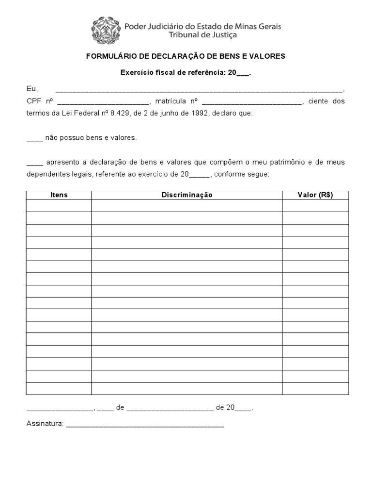 Declaracao De Declaracao De Bens Pdf