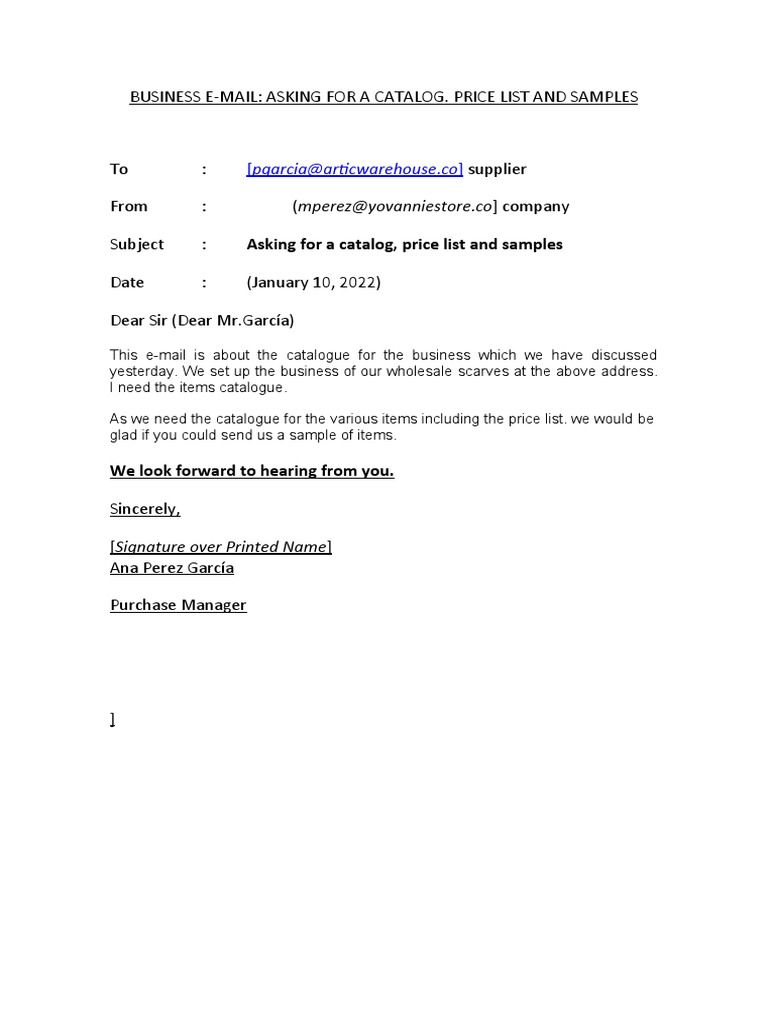 Business E-Mail Asking For Catalog, Price List and Samples | PDF