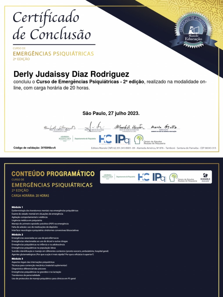 Certificado Curso de Emerg Psiq 2023 Usp | PDF