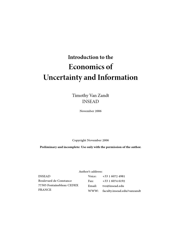 2006 (Van Zandt) Introduction To The Economics of Uncertainty and Information | PDF