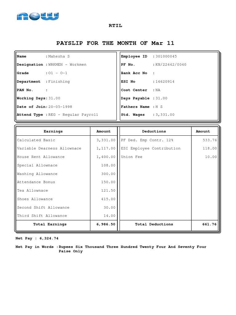 Wages Slip | PDF | Paycheck | Payroll
