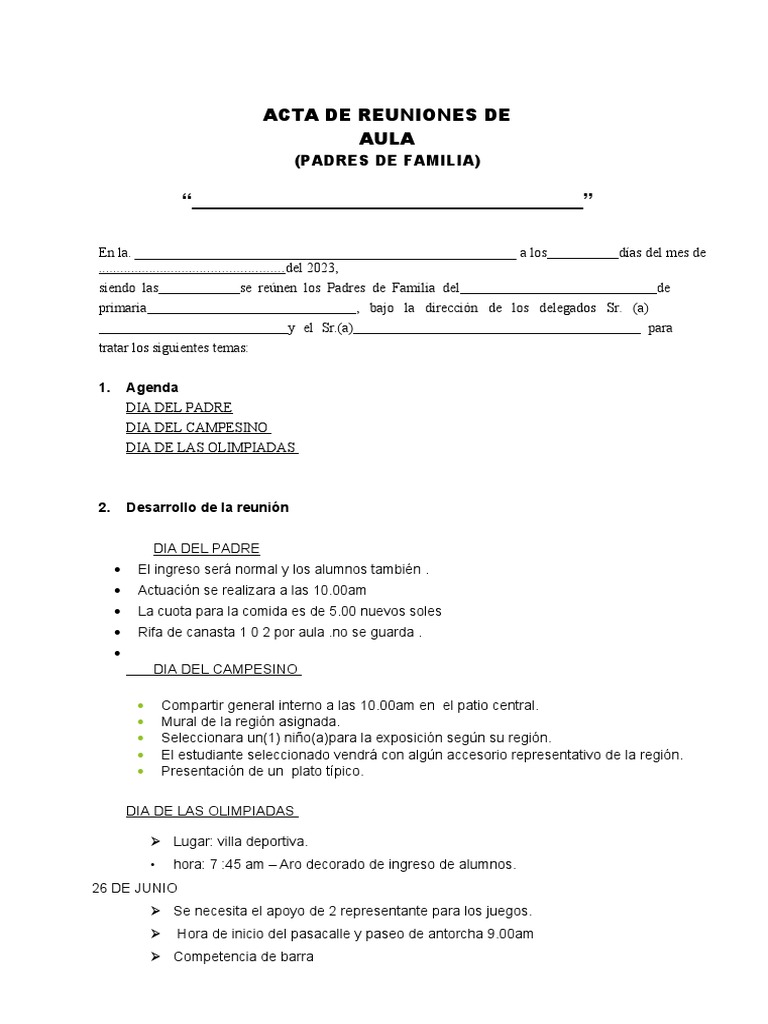 Modelo 4 Acta de Reuniones de Aula Padres de Familia | PDF