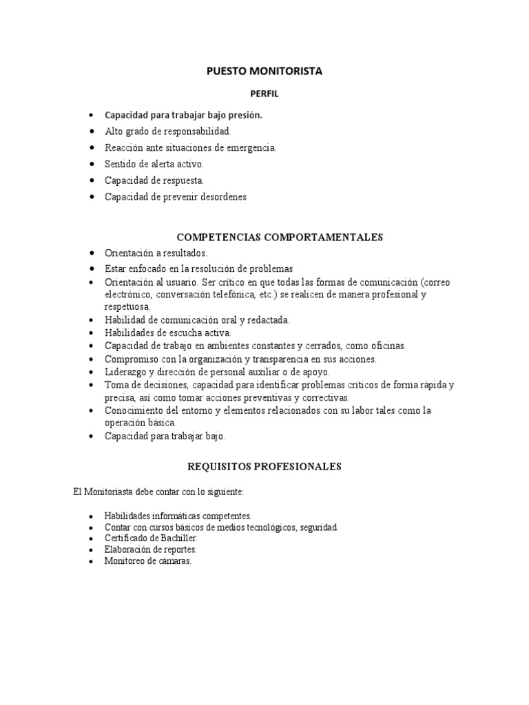 PERFIL PUESTO MONITORISTA | PDF