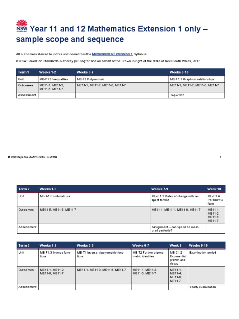 Year 11 12 Mathematics Extension 1 Only Scope and Sequence | Download Free PDF | Mathematical ...