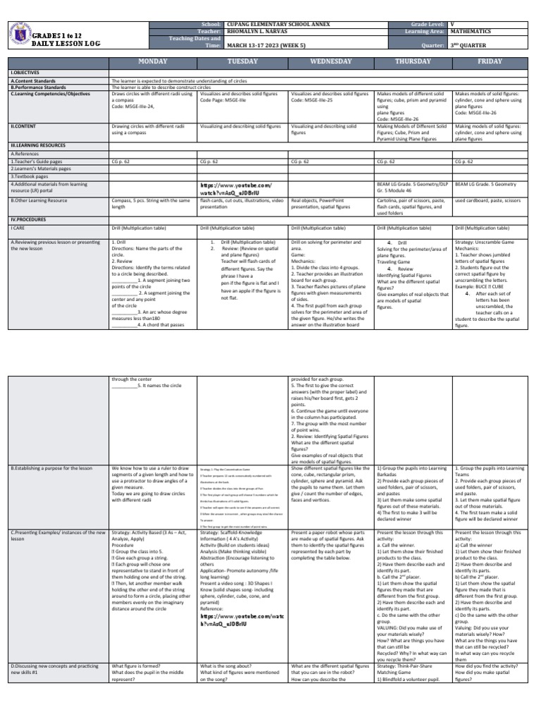 DLL Mathematics 5 q3 w5 | PDF