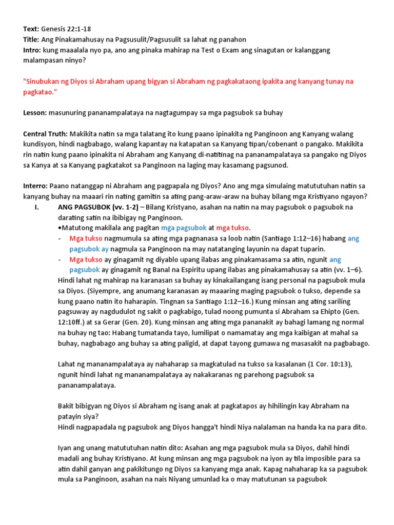 Ang Pinaka Dakilang Pagsubok (Gen. 22.1-18) | PDF