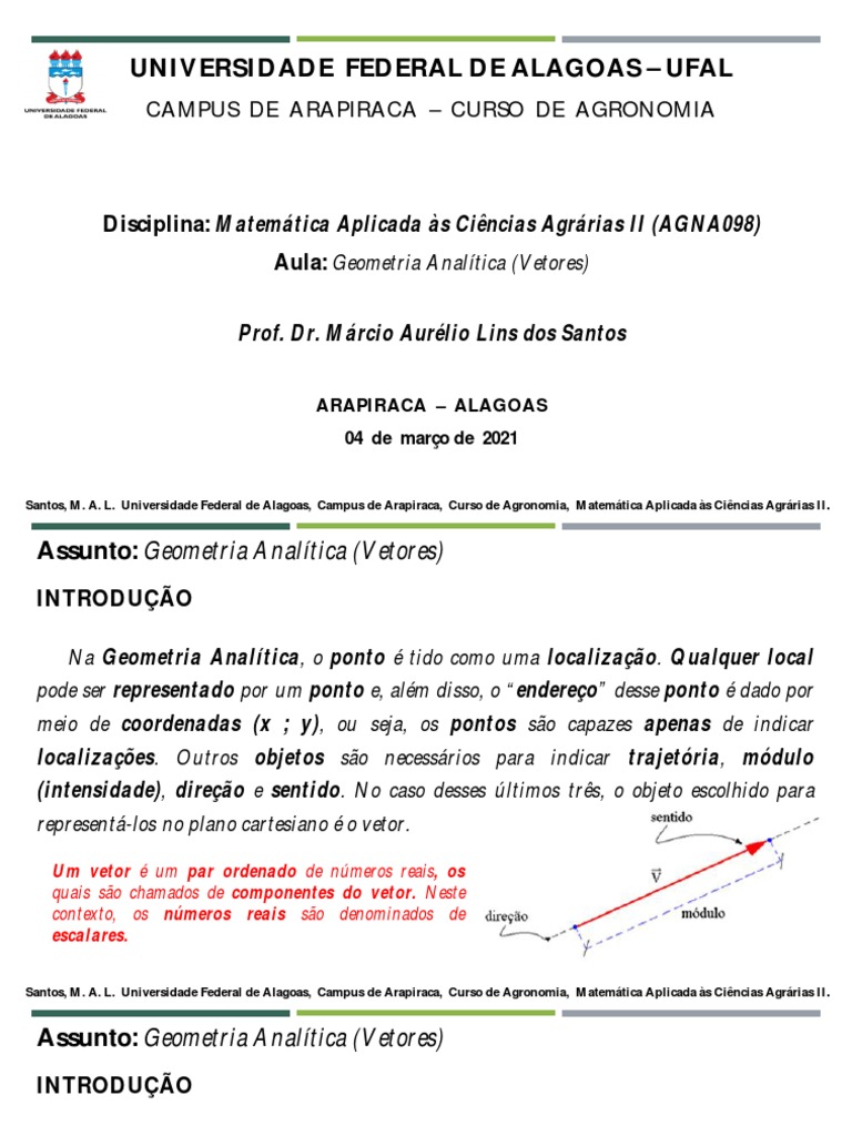 Aula 02 - Matematica Aplicada 2 (Vetores) - Agronomia | PDF