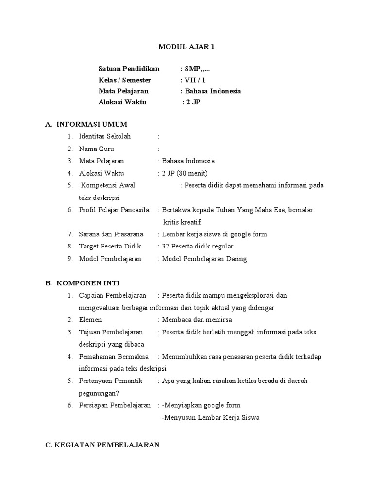 MODUL AJAR 1 BIN Kls 7 Kurmer | PDF