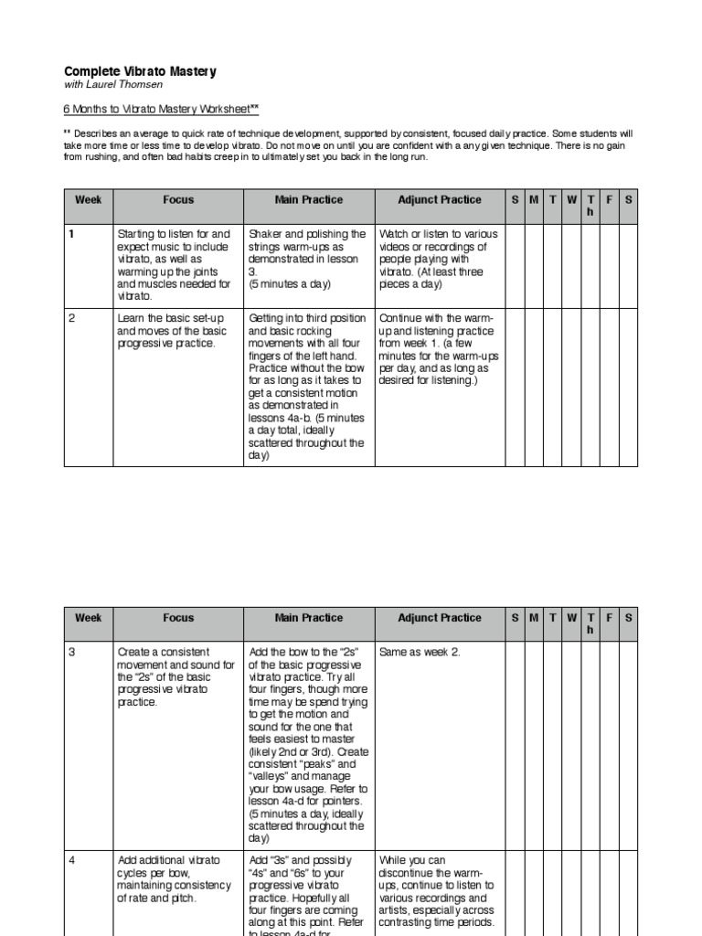 6 Months To Vibrato Mastery Worksheet | PDF | Violin | Elements Of Music