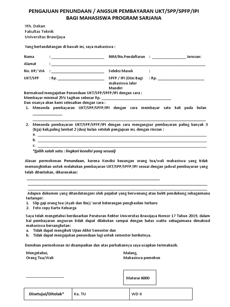 Pengajuan Penundaan Atau Angsur Pembayaran Ukt SPP SPFP Ipi | PDF