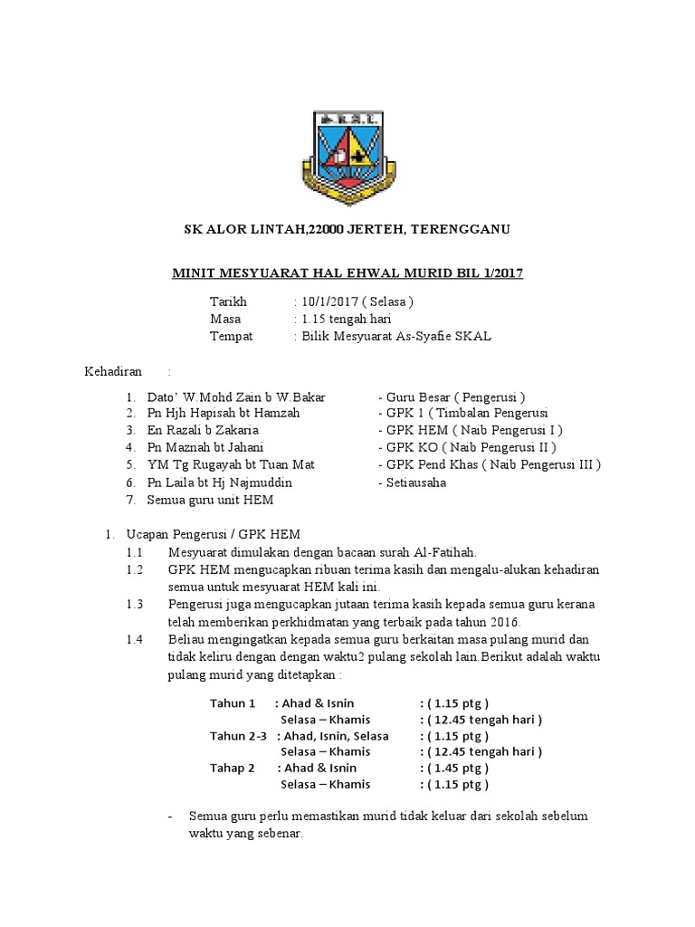 Minit Mesyuarat HEM Bil 1 | PDF